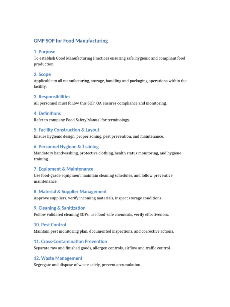 GMP SOP Food Manufacturing | PDF