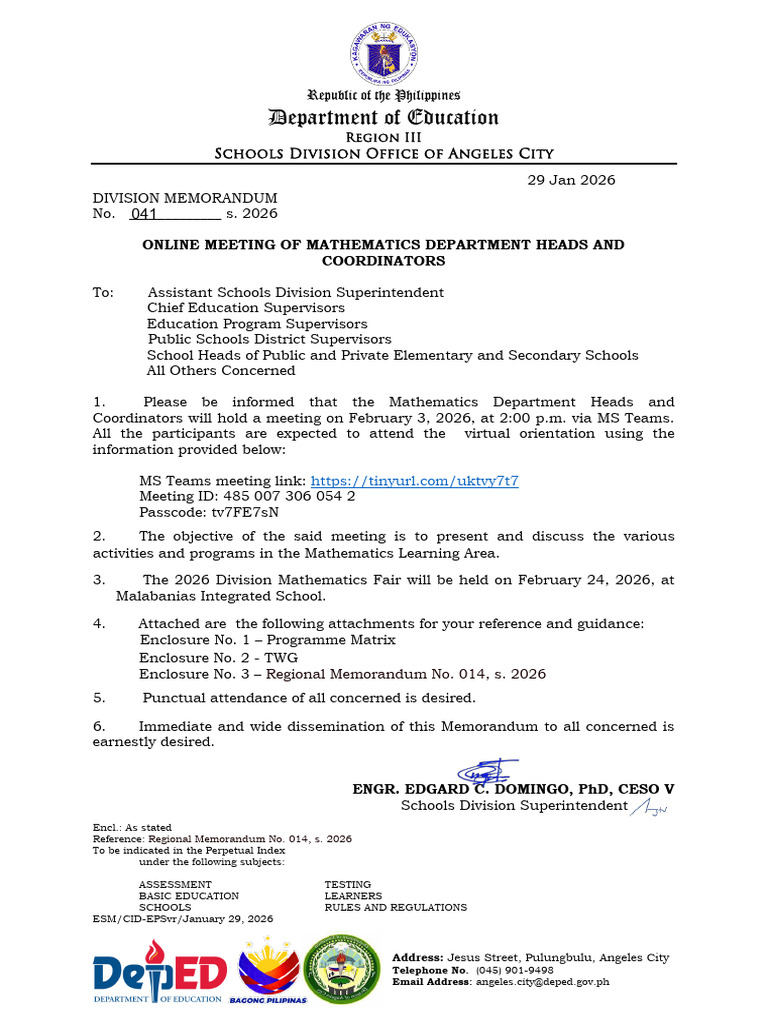 Division Memorandum No. 041 s.2026 - Online Meeting of Mathematics ...