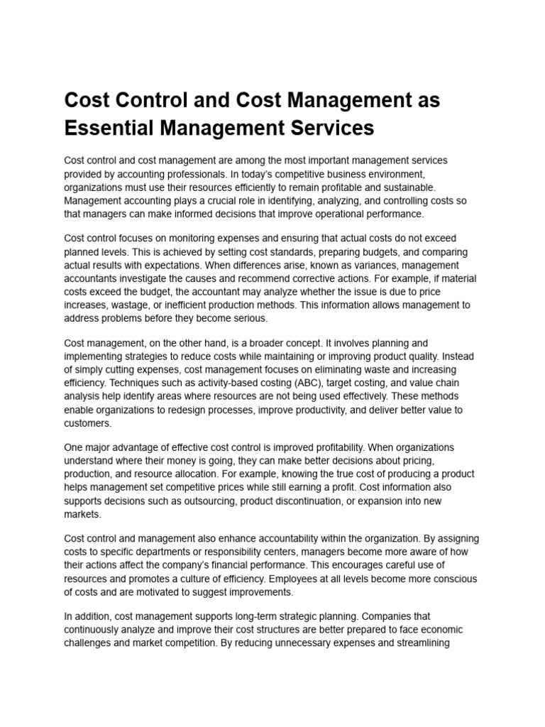 Cost Control and Cost Management as Essential Management Services | PDF ...