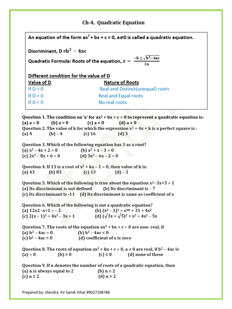 Practice Questions Ch4 Quadratic Equ | PDF | Quadratic Equation ...