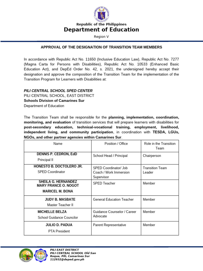 Approval of the Designation of Transition Team Members | PDF ...
