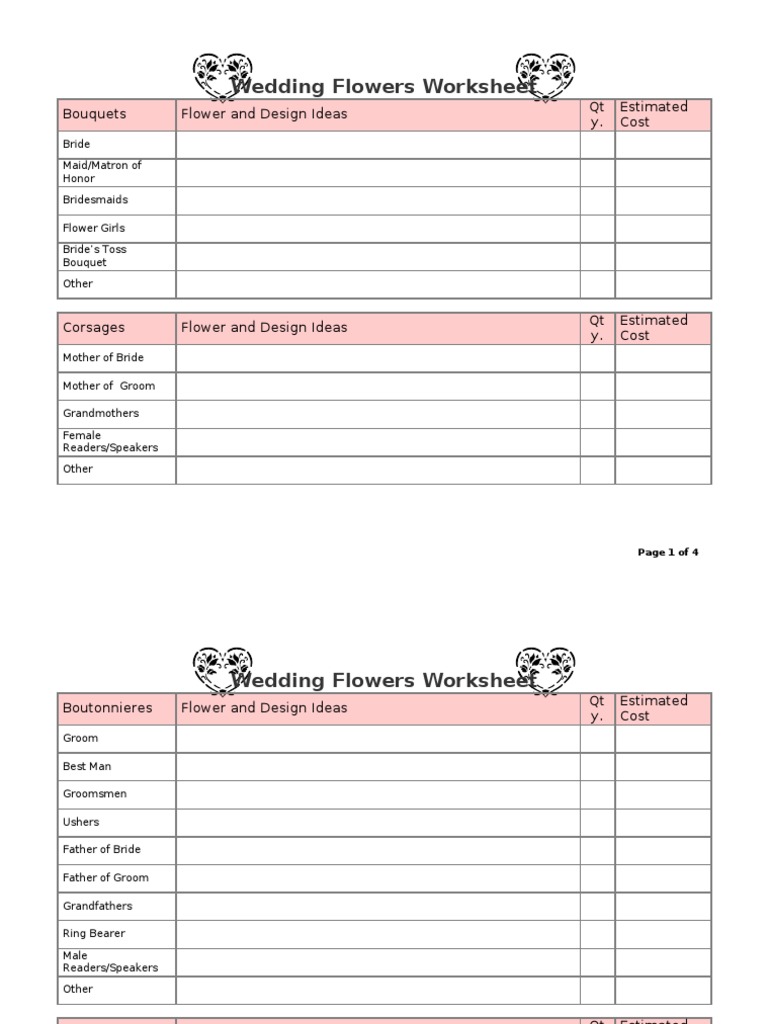 Wedding Flowers Worksheet: Bouquets Flower and Design Ideas QT Y ...