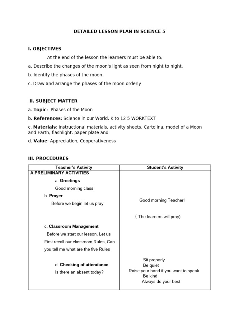 Detailed Lesson Plan in Science 5 (Group 9) | PDF | Moon | Planetary ...