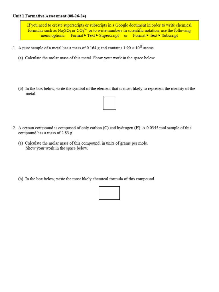 Unit 1 Formative Assessment | PDF | Isotope | Mole (Unit)