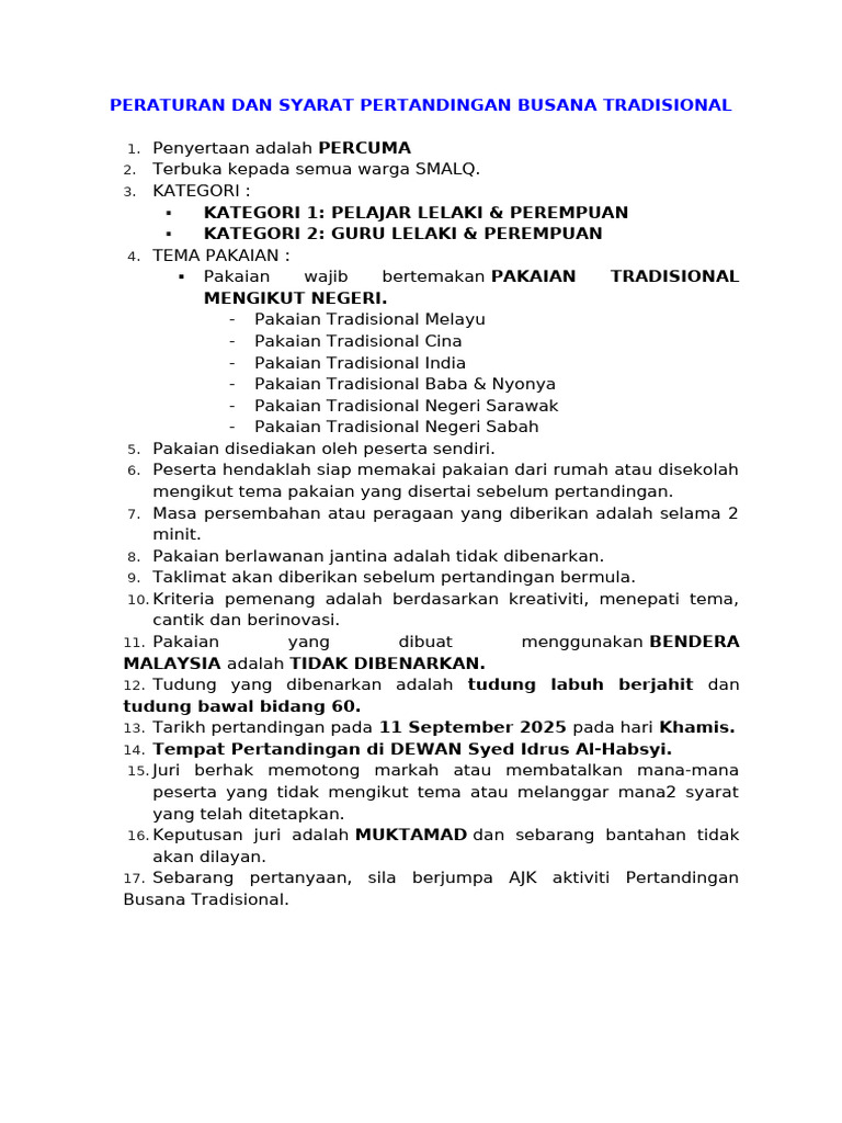 Peraturan Dan Syarat Pertandingan Busana Tradisional | PDF