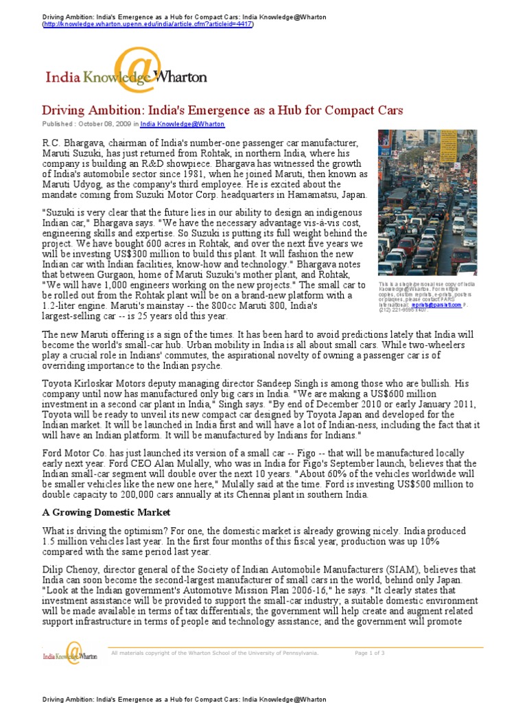 Driving Ambition: India's Emergence As A Hub For Compact Cars | PDF