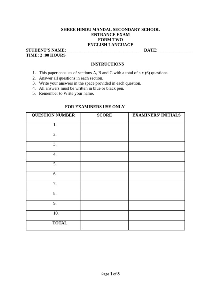 F2 - Eng Entrance Exam Paper 1 | PDF | Noun | Linguistics