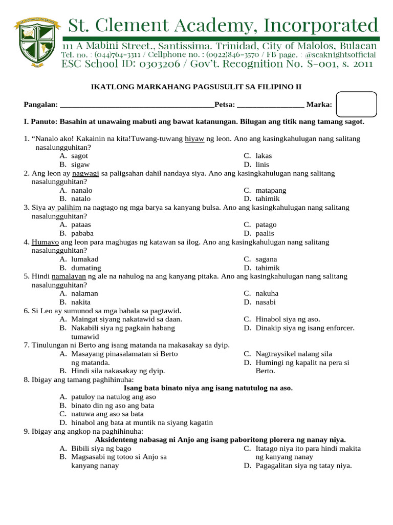 Ikatlong Markahang Pagsusulit Sa Filipino | PDF