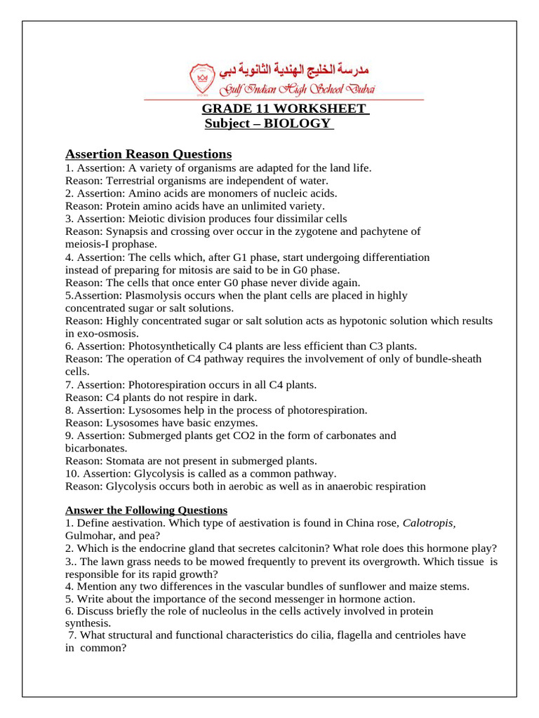Grade 11 Worksheet Biology 2025 26 | PDF | Cellular Respiration ...