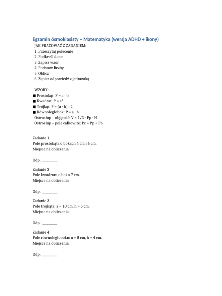 Egzamin Osmoklasisty ADHD Ikony 2karty Klucz | PDF