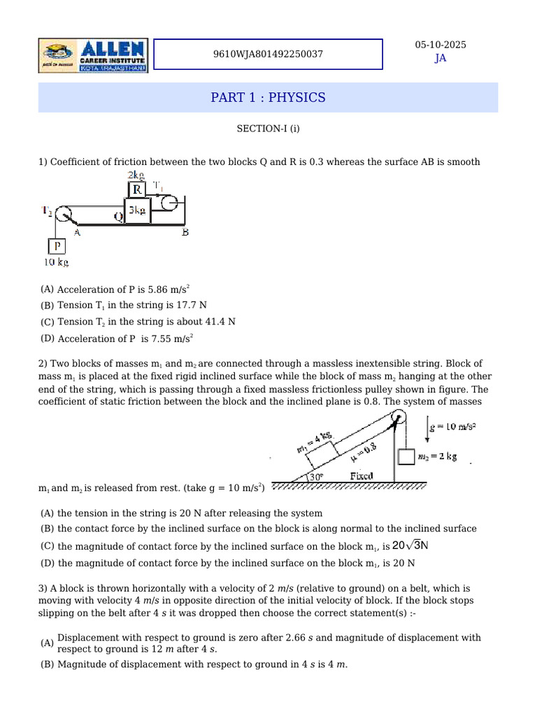 Test - 1 | PDF | Force | Tension (Physics)
