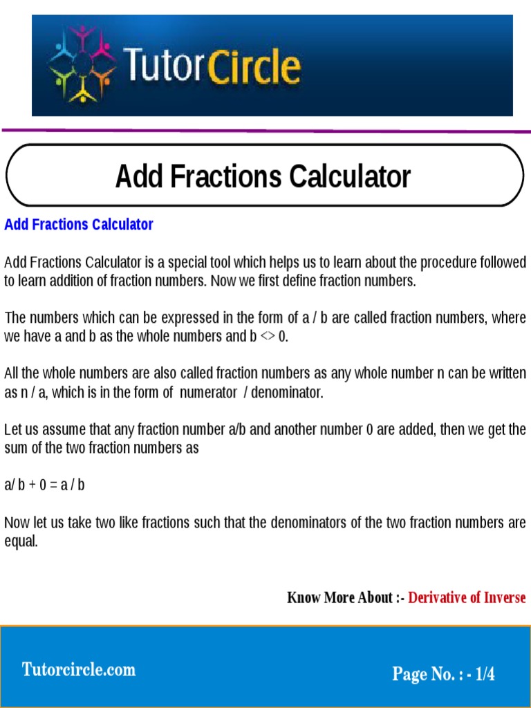 Add Fractions Calculator | PDF | Fraction (Mathematics) | Mathematical ...