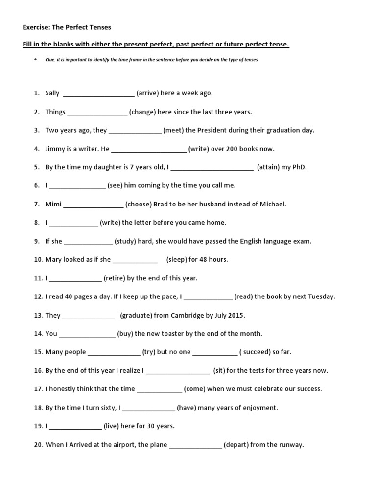 Perfect Tenses Exercise Worksheet | PDF | Self-Improvement