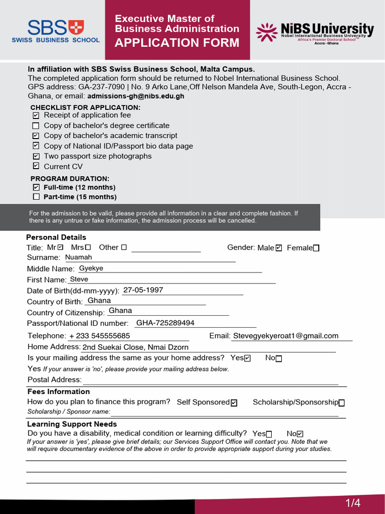 Executive Master of Business Administration Application Form - SBS ...
