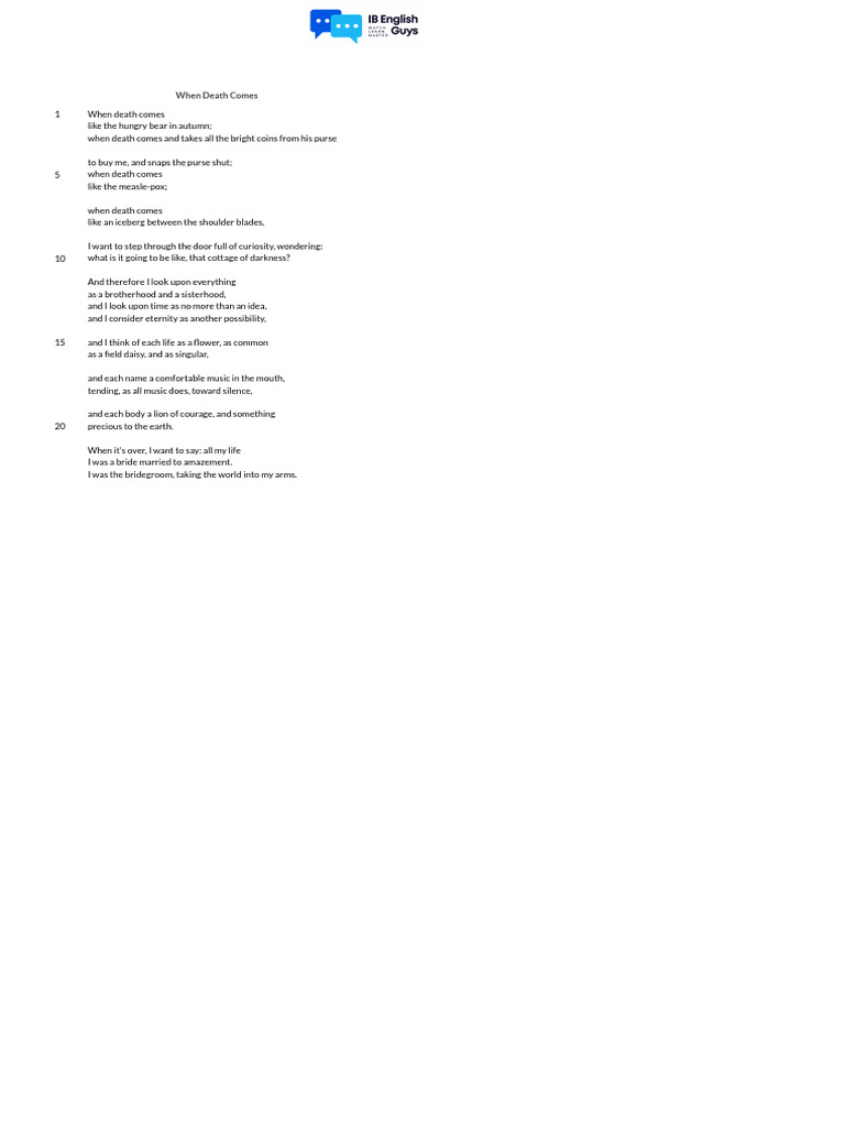 29 - When Death Comes - Poem - Mary Oliver ? | PDF