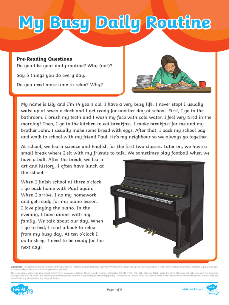 t 1718614144 Esl Reading Comprehension My Busy Daily Routine Present ...