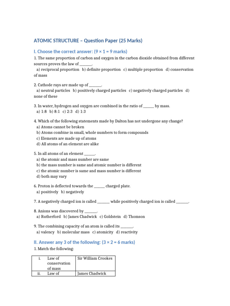 Atomic Structure Question Paper (1) | PDF