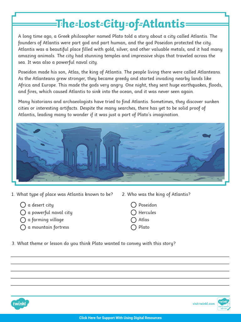 Digital the Lost City of Atlantis Reading Passage Comprehension ...