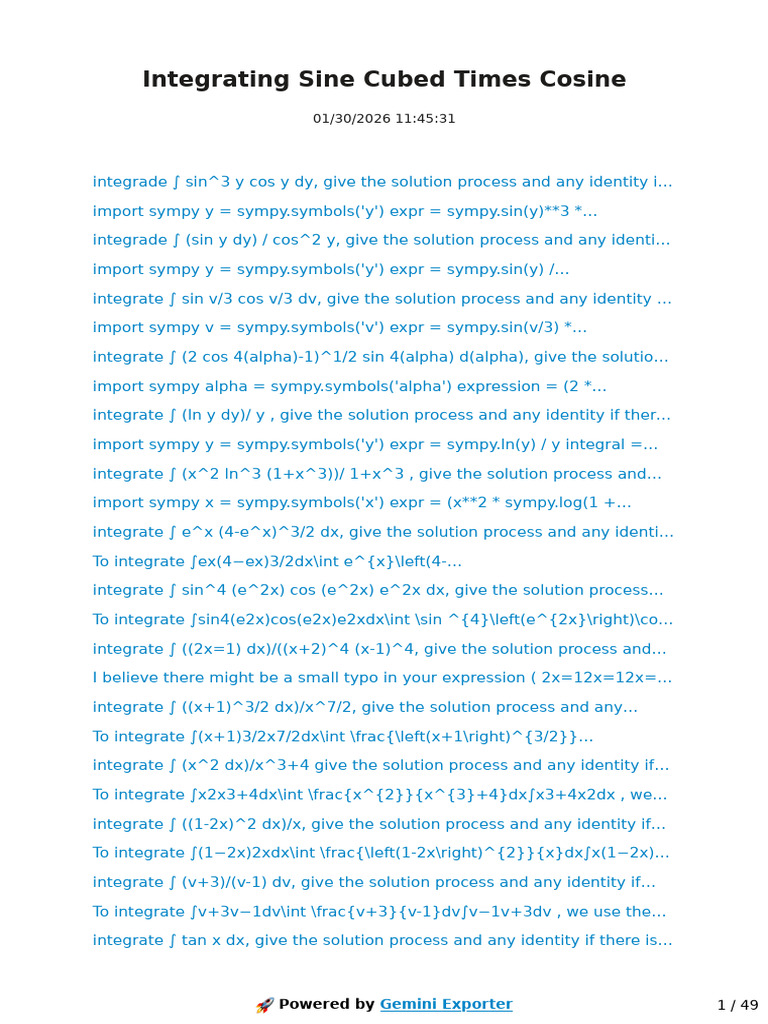Gemini-Integrating Sine Cubed Times Cos | PDF | Integral | Complex Analysis