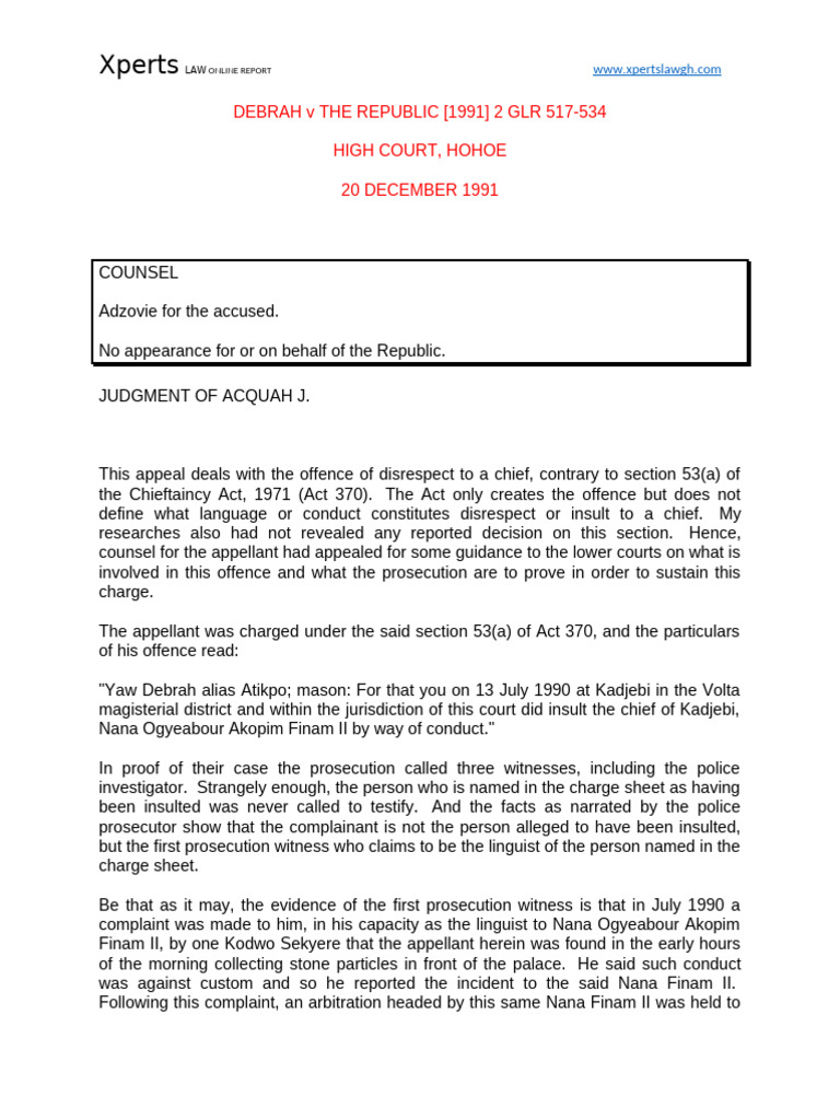 DEBRAH v THE REPUBLIC [1991] 2 GLR 517-534 | PDF | Prosecutor | Mens Rea