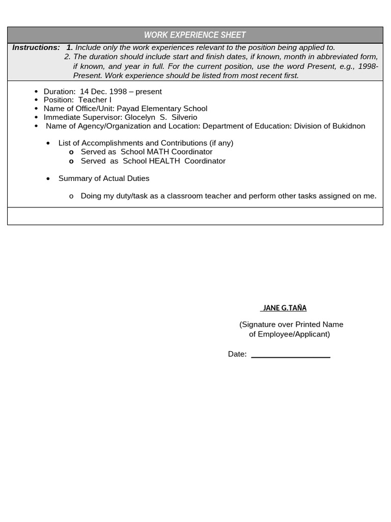 Work Experience CS Form No. 212 Attachment | PDF