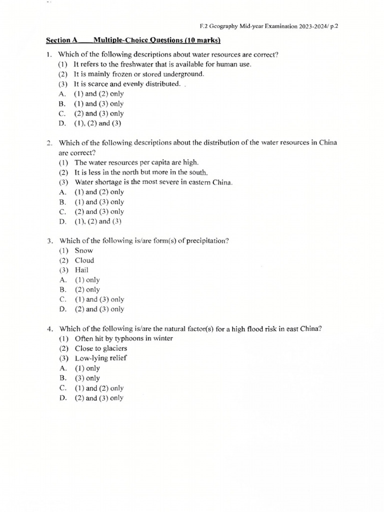 2324 Form 2 Geography Mid Year Question Paper | PDF