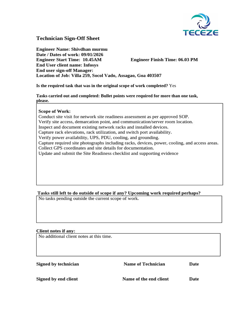 Technician Sign Off Sheet 1 | PDF
