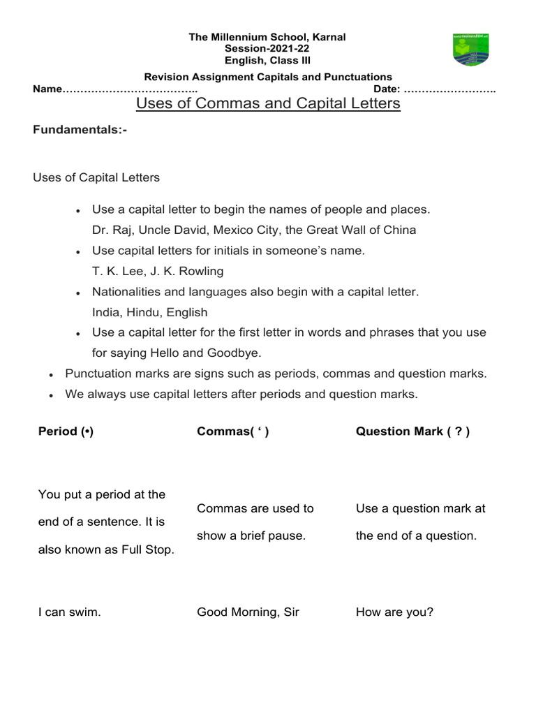 Class 3 Capitals and Punctuation | PDF | Comma | Punctuation
