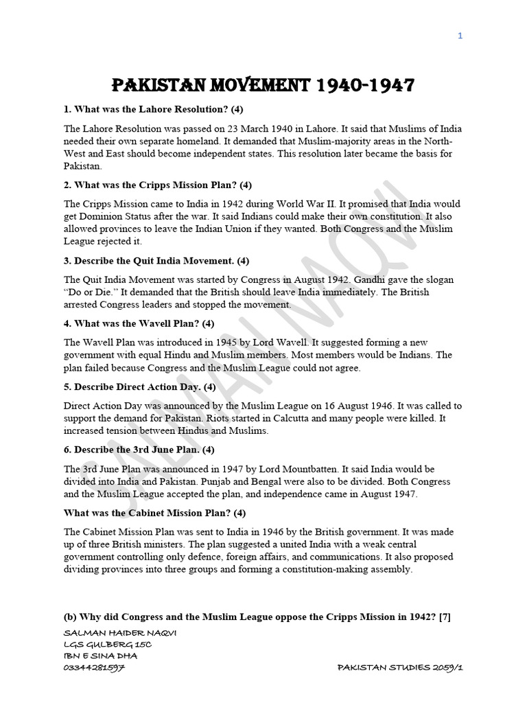 Pakistan Studes Notes1940-47 | PDF | Pakistan Movement | Muhammad Ali ...
