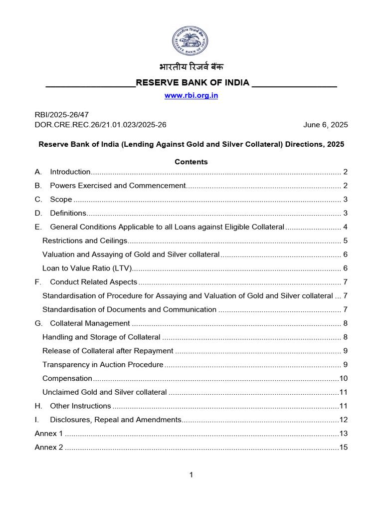 06.06.25 RBI Directions on Gold Loans | PDF | Loans | Collateral (Finance)