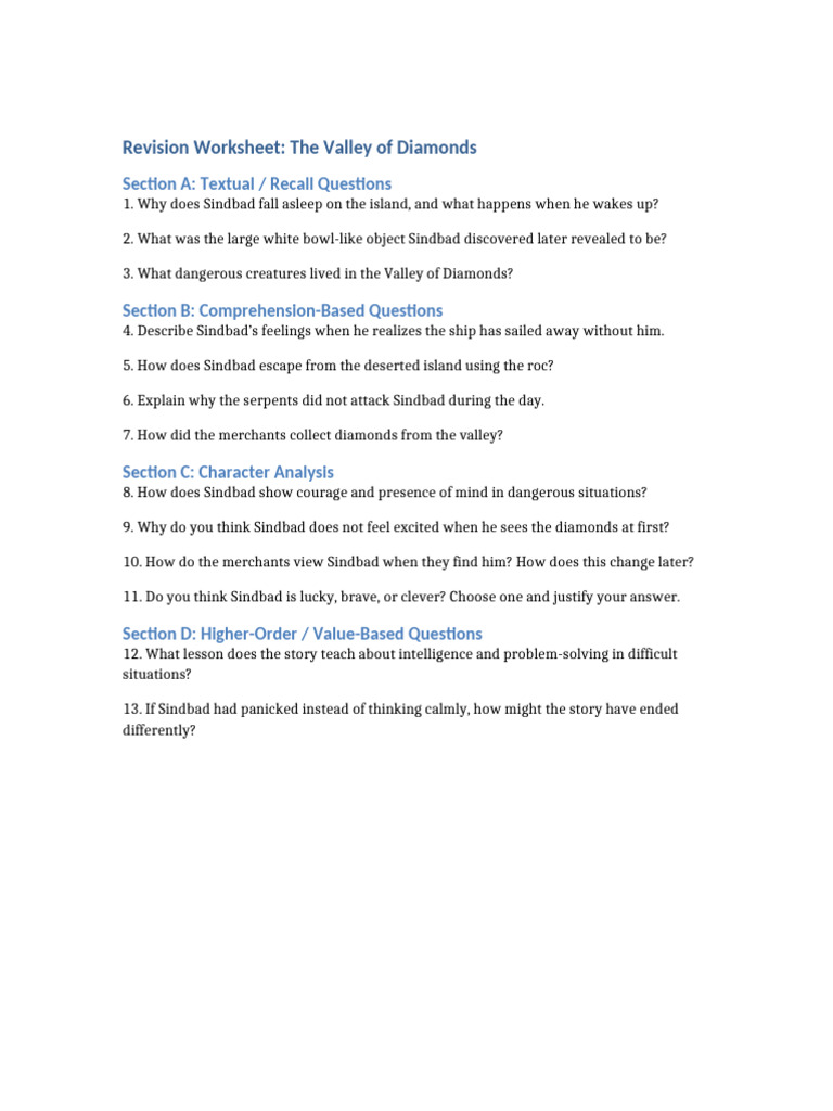 The Valley of Diamonds Revision Worksheet | PDF