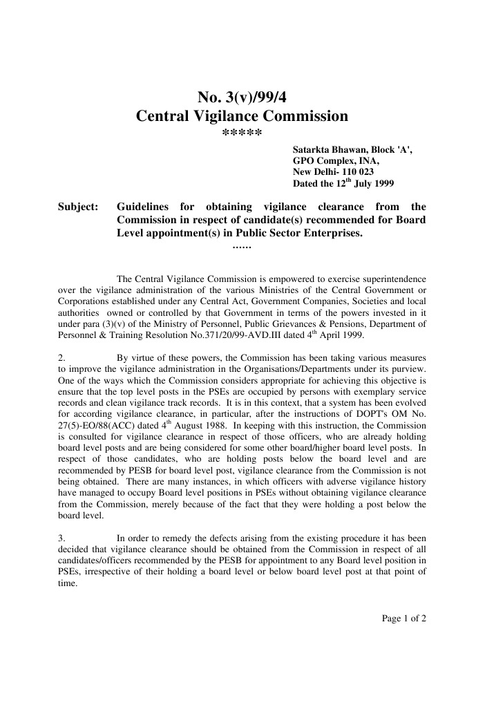 Guidelines for Obtaining Vigilance Clearance from the Central Vigilance ...