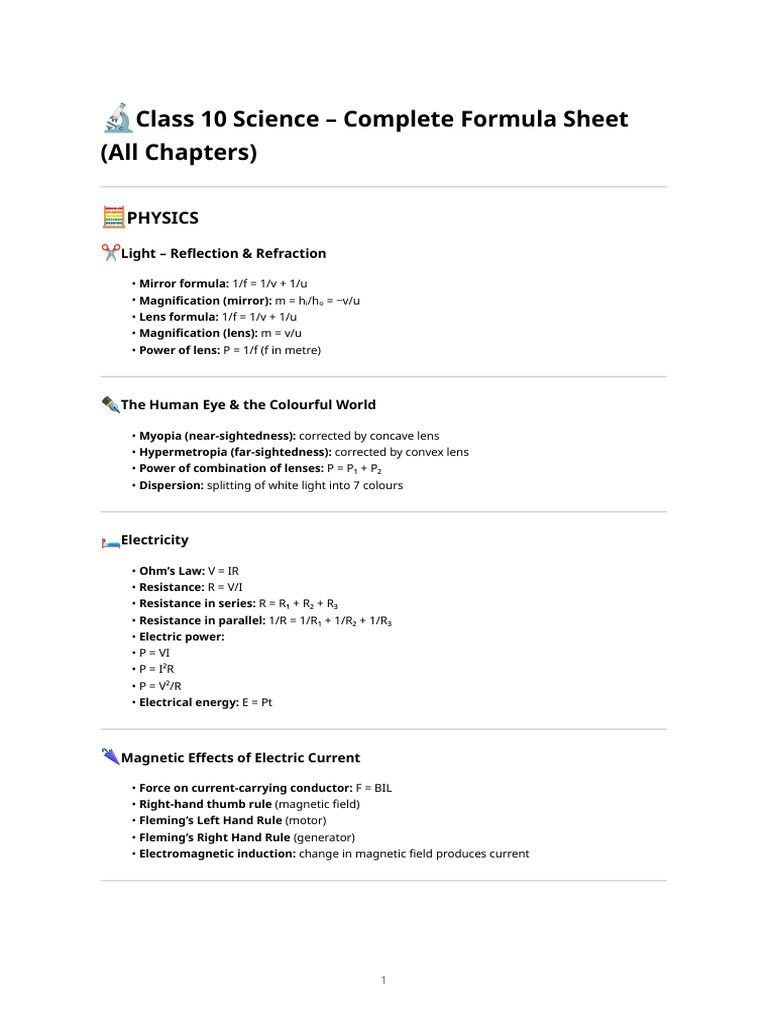 Class 10 Science - Complete Formula Sheet | PDF | Redox | Reproduction