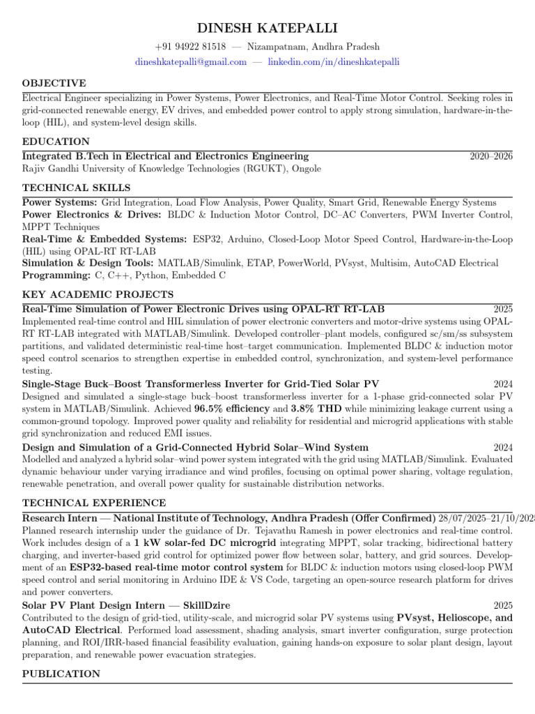 Dinesh Resume EE Final CV | PDF | Photovoltaic System | Power Electronics