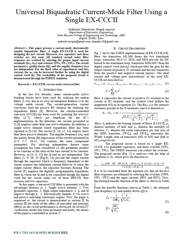 Universal Biquadratic Current-Mode Filter Using A | PDF | Electronic ...