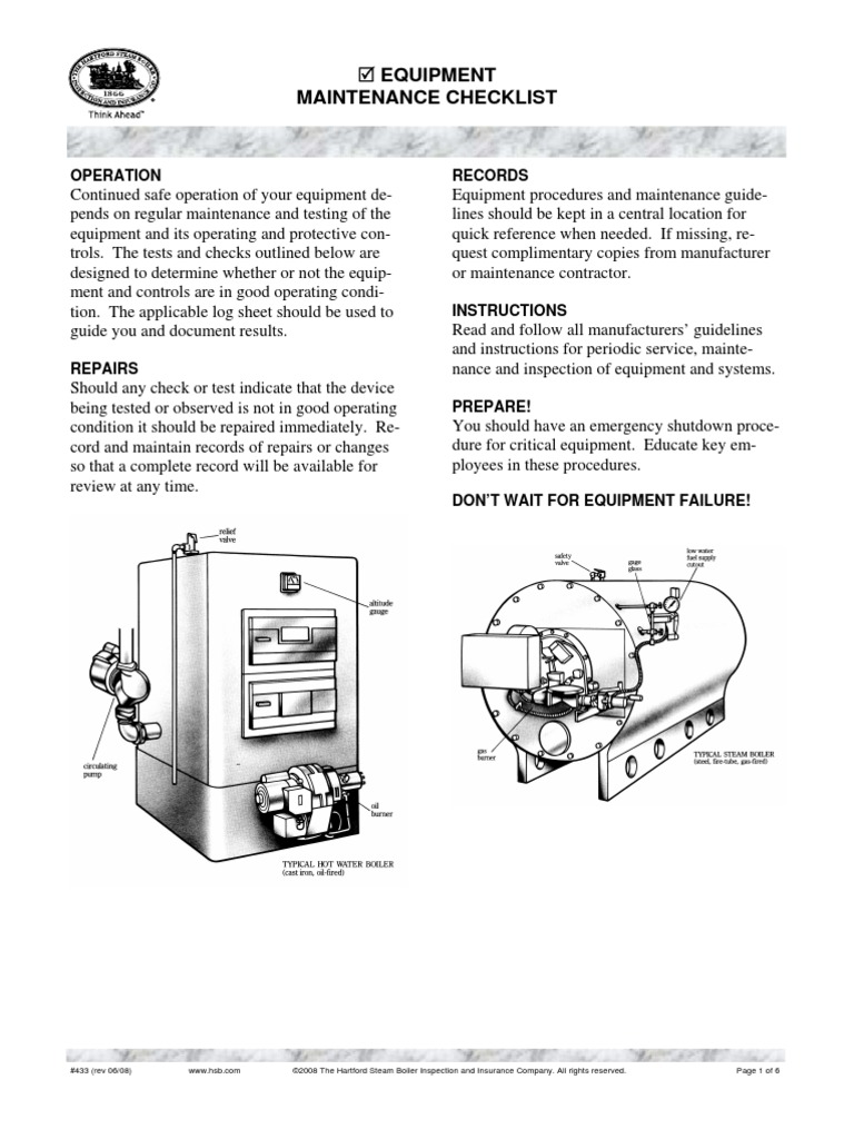 Equipment Maintenance Checklist | PDF | Boiler | Steam