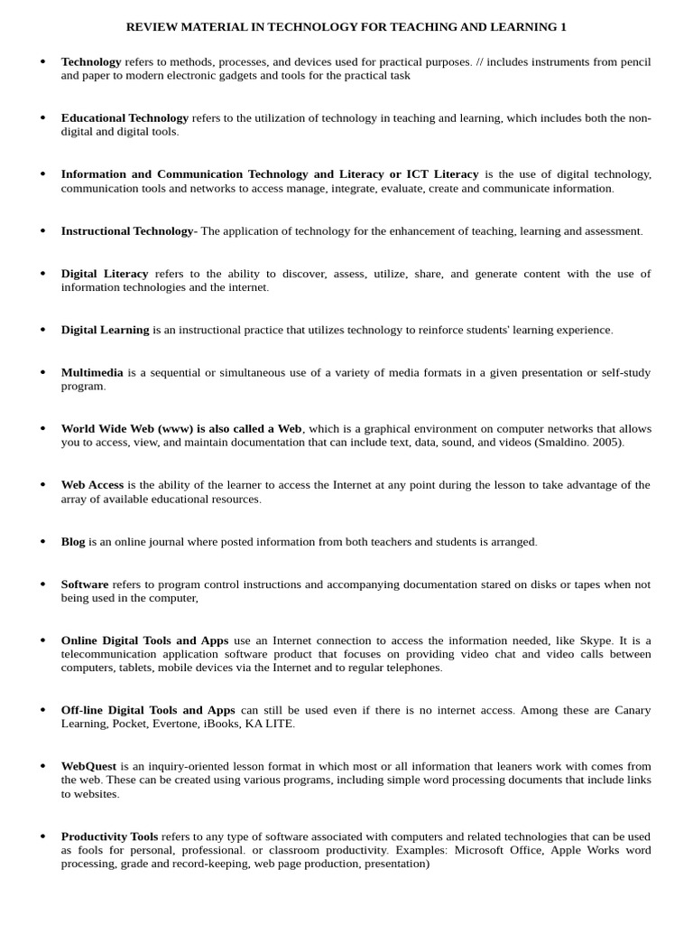 Review Material in Technology For Teaching and Learning 1 | PDF ...