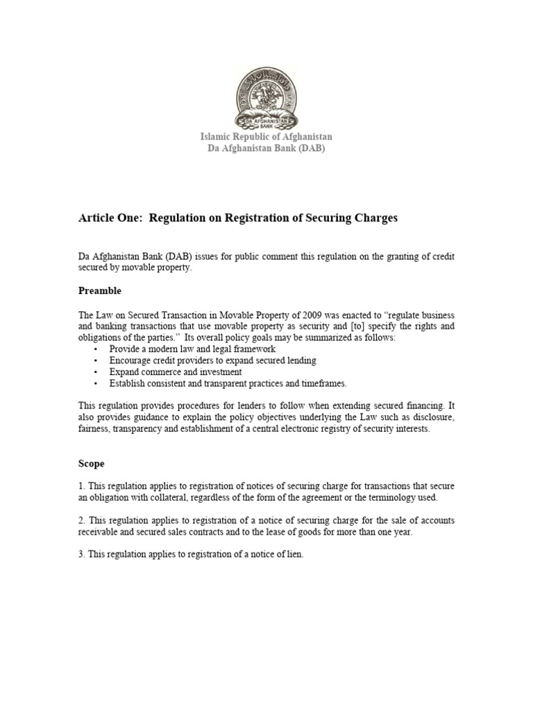 Regulation On Registration of Securing Charges Eng | PDF | Loans ...