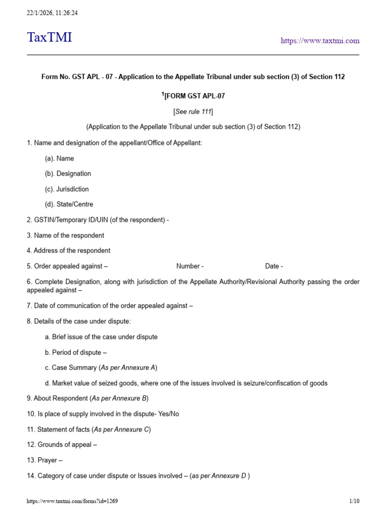 Form No. GST APL - 07 - Application To The Appellate Tribunal Under Sub ...