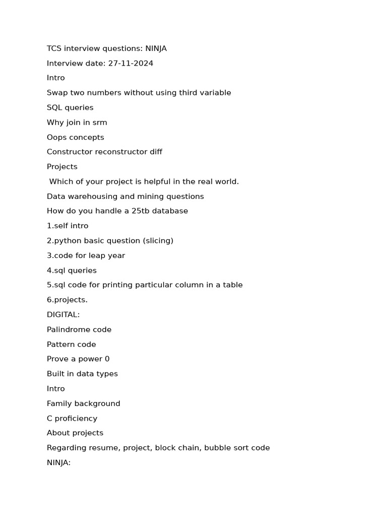 TCS Interview Questions | PDF | Sql | String (Computer Science)