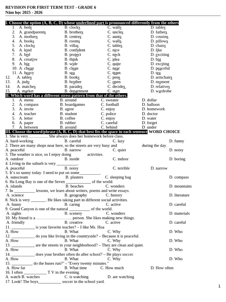 Revision For First Term Test - Grade 6 | PDF