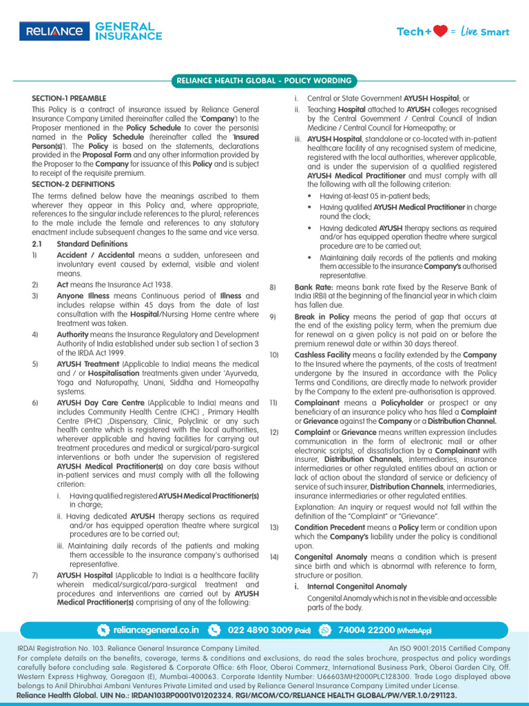 Reliance Health Global Policy Wording | PDF | Intensive Care Unit ...