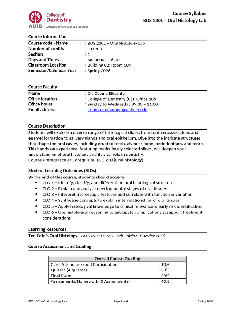BDS 230L - Oral Histology Lab- Syllabus_Spring_2026_Sec 1-OM | PDF ...