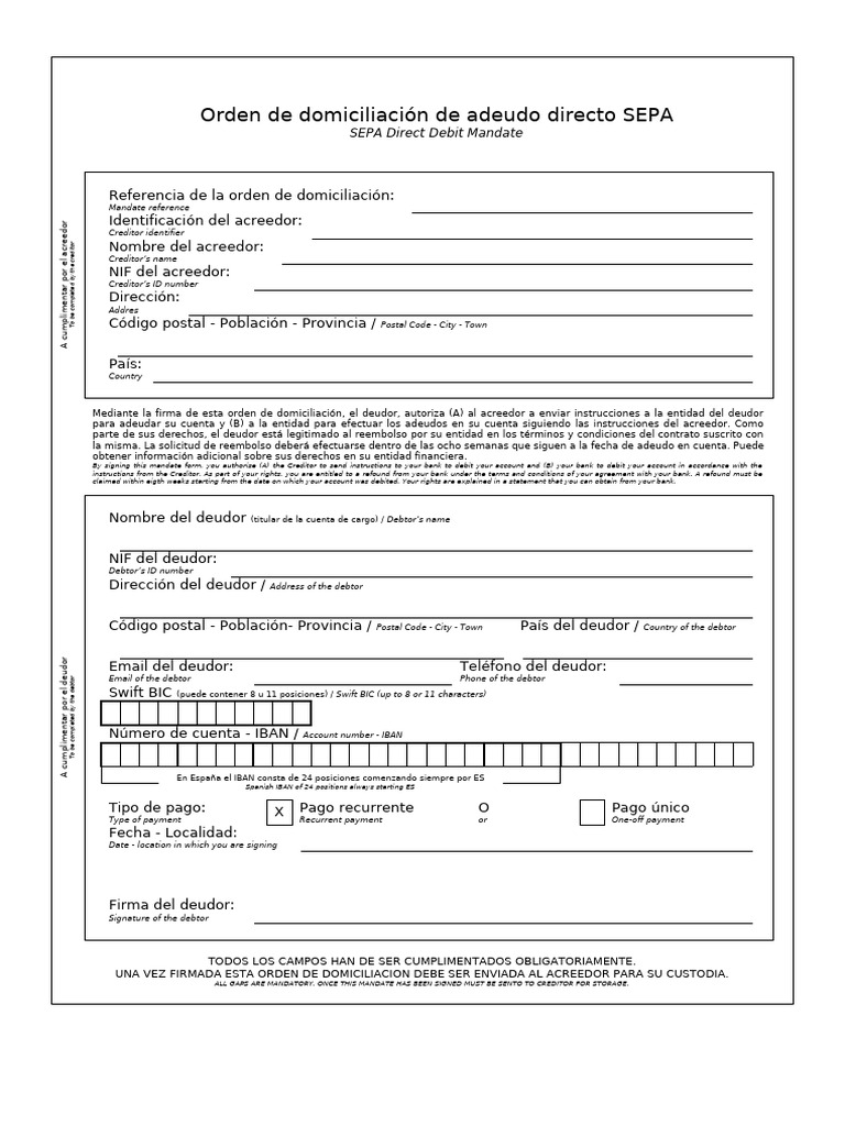 GENERICO - Orden de Domiciliación de Adeudo Directo SEPA | PDF