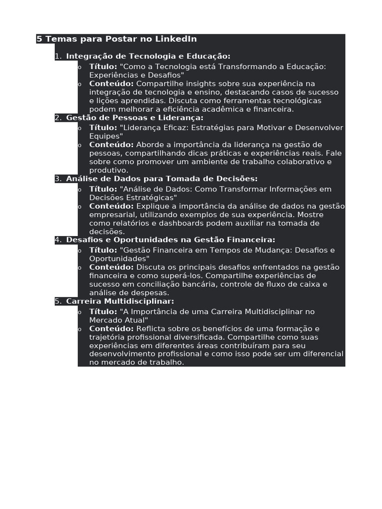 5 Temas para Postar No LinkedIn | PDF