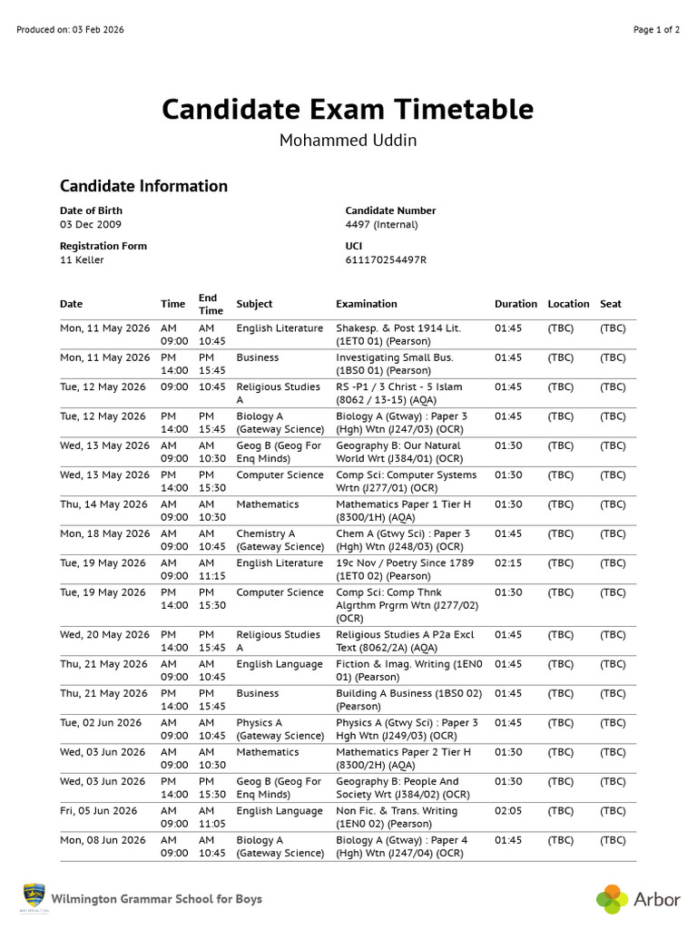 2026-02-03 Exam Timetable For 1 Candidates | PDF | Educational ...