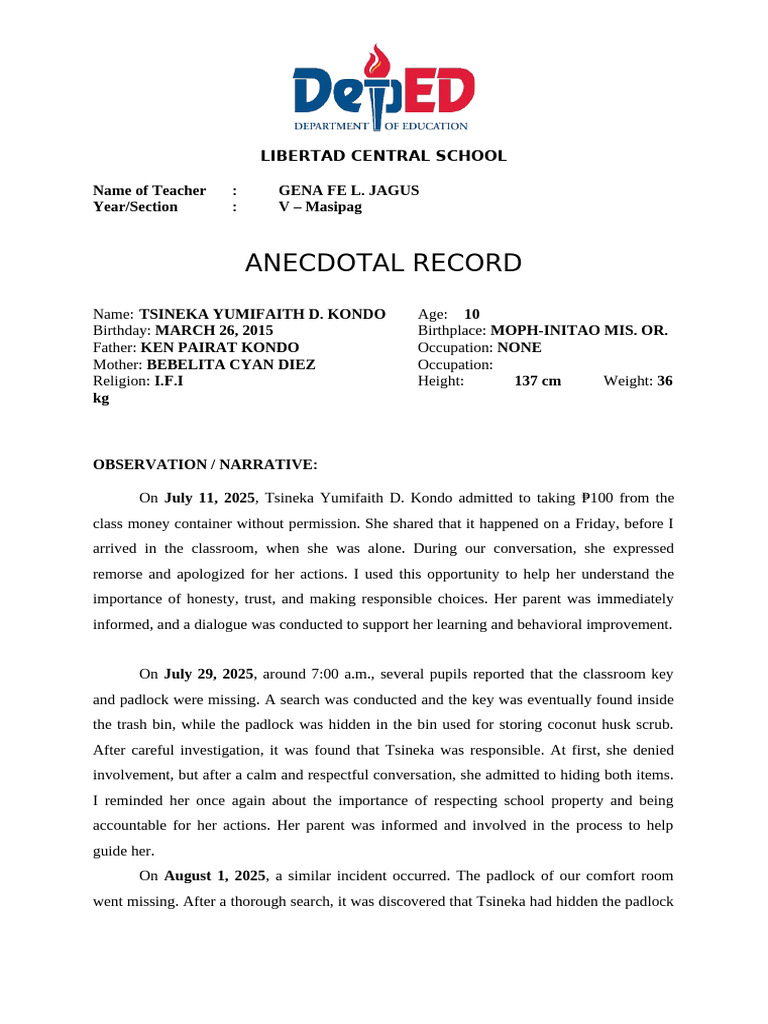 Anecdotal Record V - Masipag | PDF | Behavior Modification | Psychology
