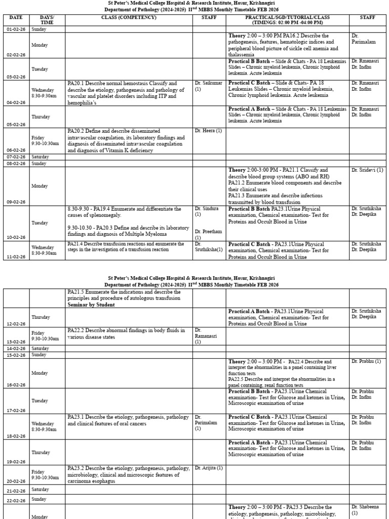 Teaching Schedule 24 - 25 Batch FEB 26 | PDF | Pathology | Coagulation