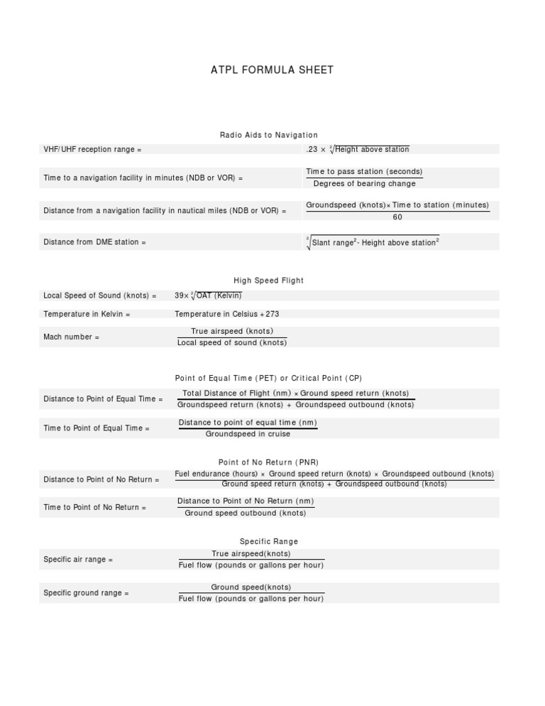ATPL Formula Sheet | PDF | Technology & Engineering