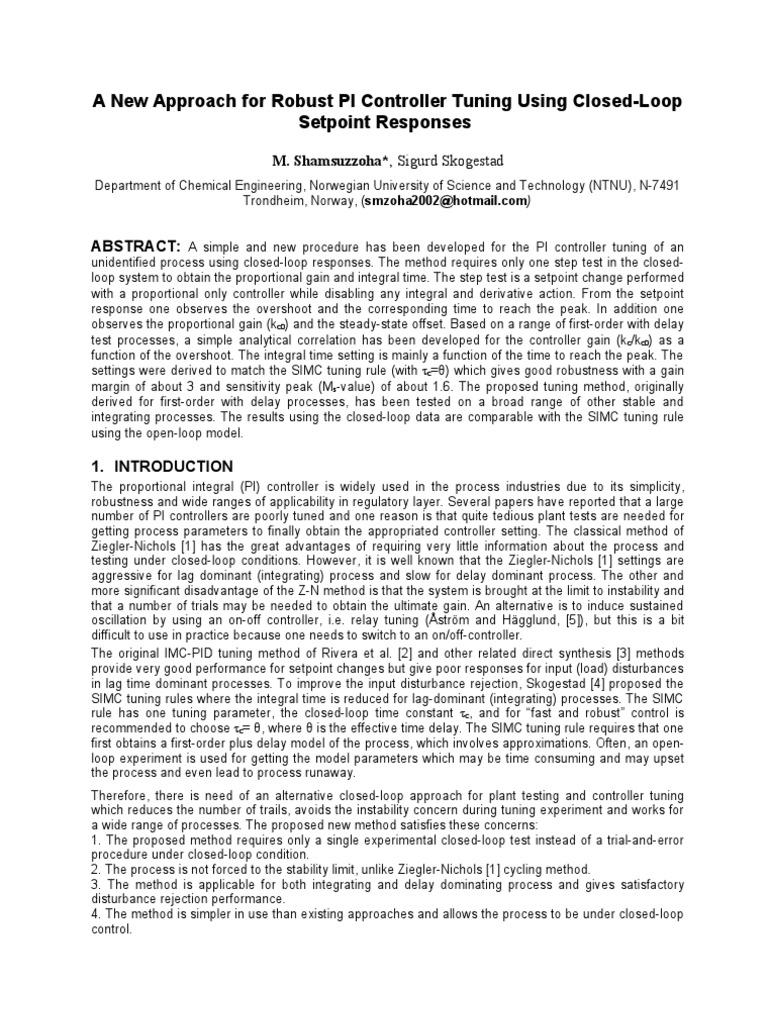 A New Approach For Robust PI Controller Tuning Using Closed-Loop Setpoint Responses | PDF ...